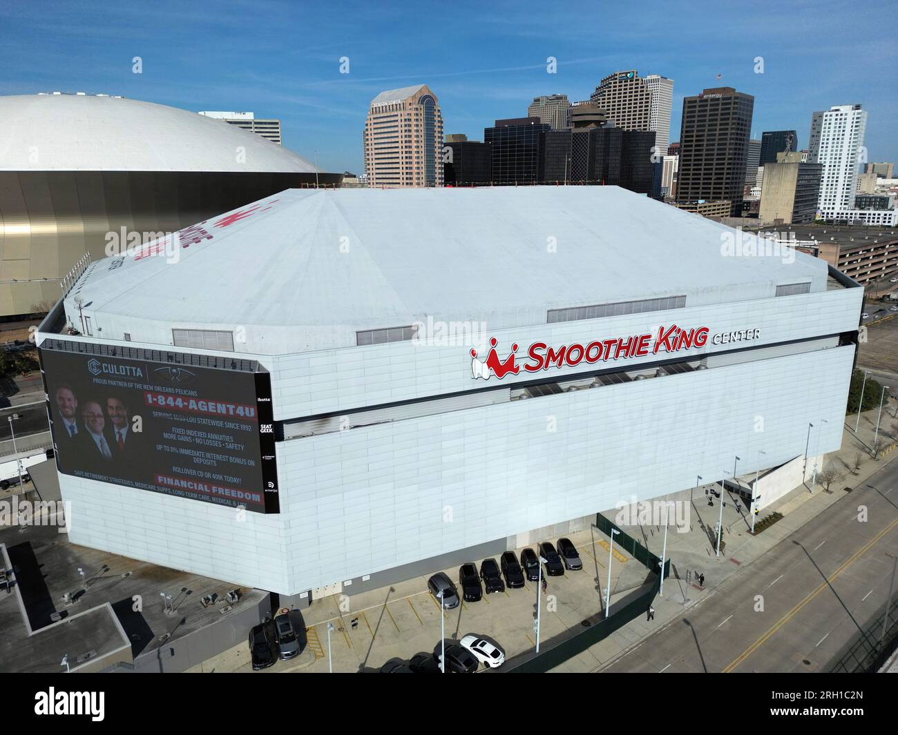 An aerial overall exterior view of the Smoothie King Center before an ...