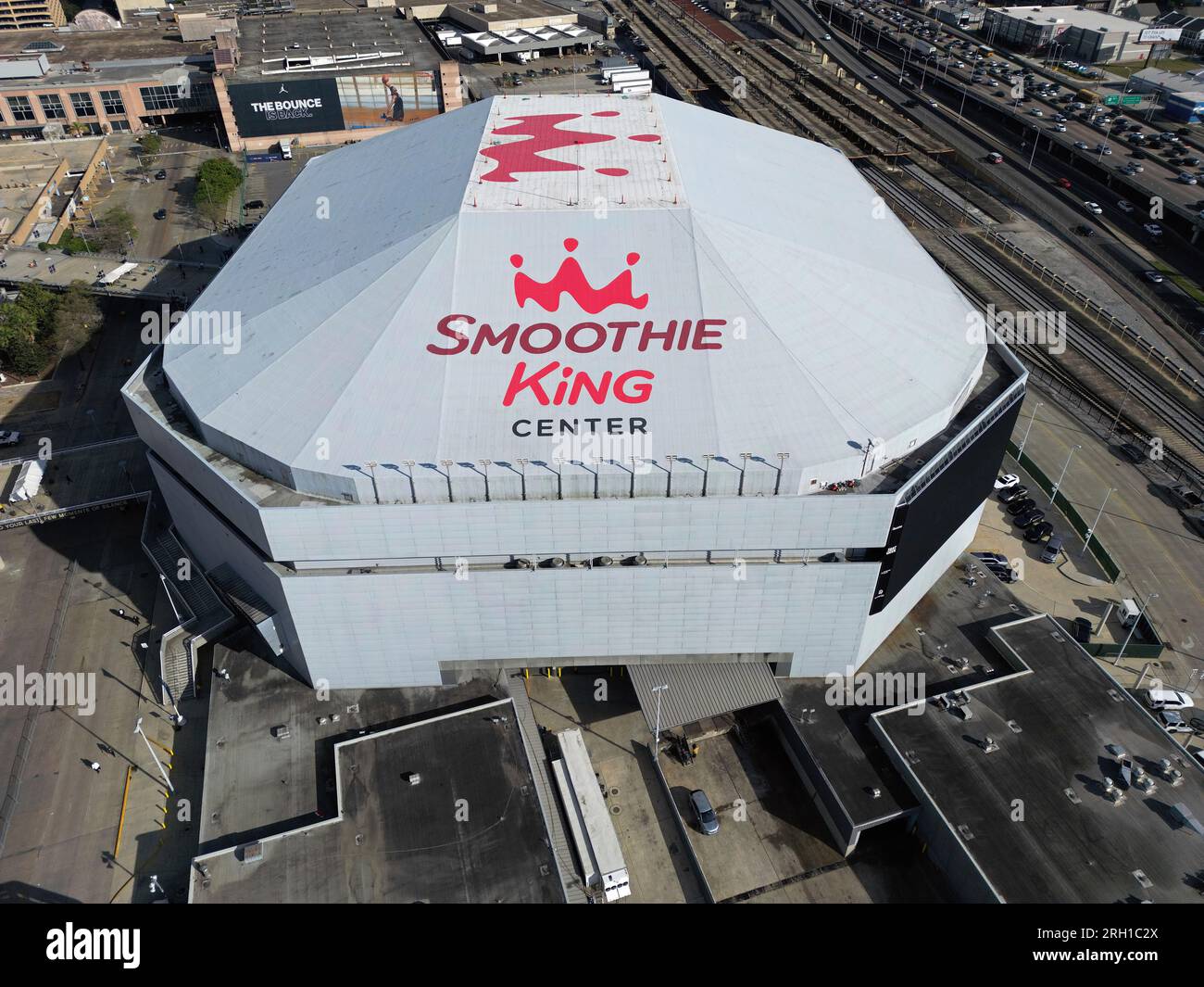 An aerial overall exterior view of the Smoothie King Center before an NBA basketball game ...