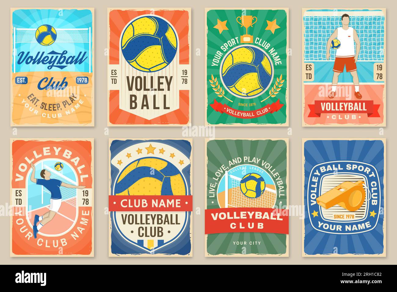 Set of Volleyball club retro poster, banner design. Vector illustration ...