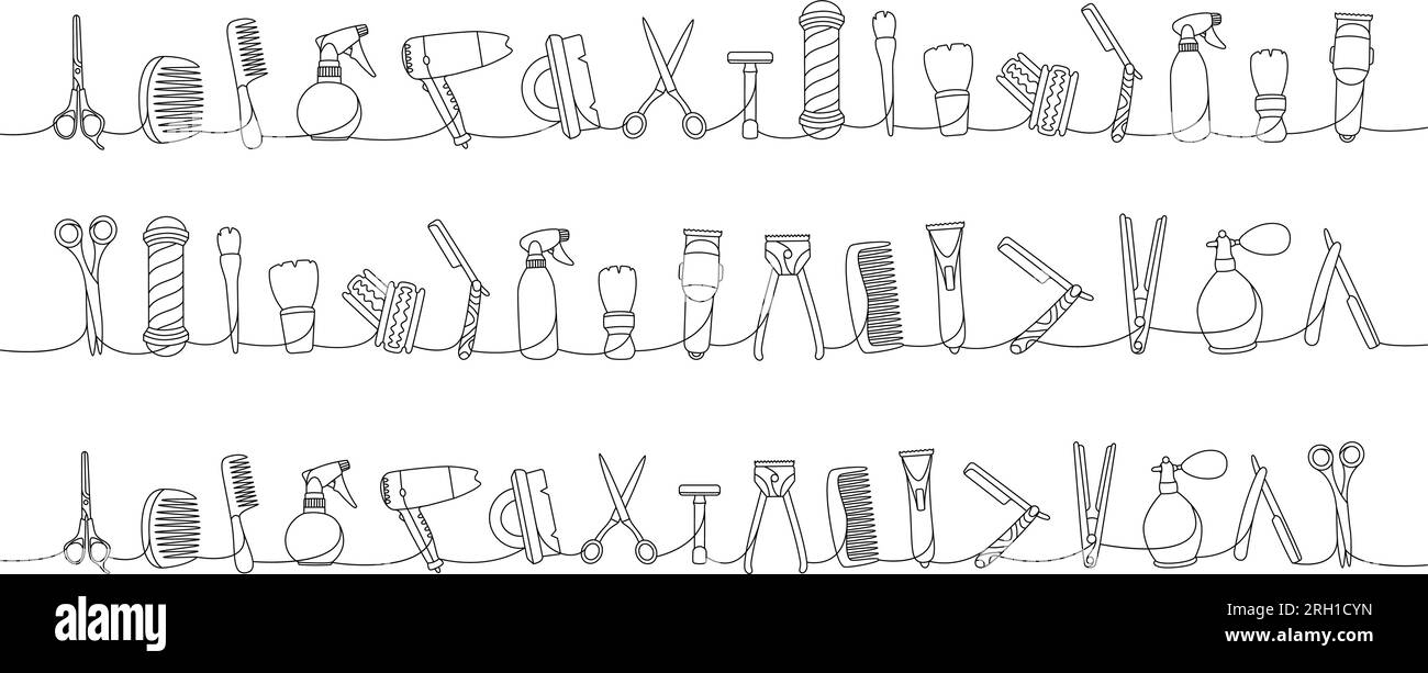 Set of hairdresser tools one line continuous drawing. Hair clipper ...