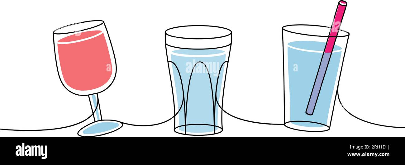 Set of glass cups one line colored continuous drawing. Empty glass cups ...