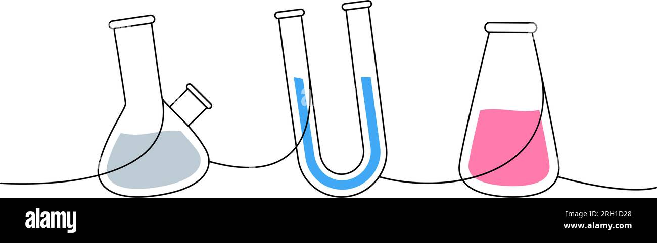 Lab glassware one line colored continuous drawing. Buchner flask, glass ...