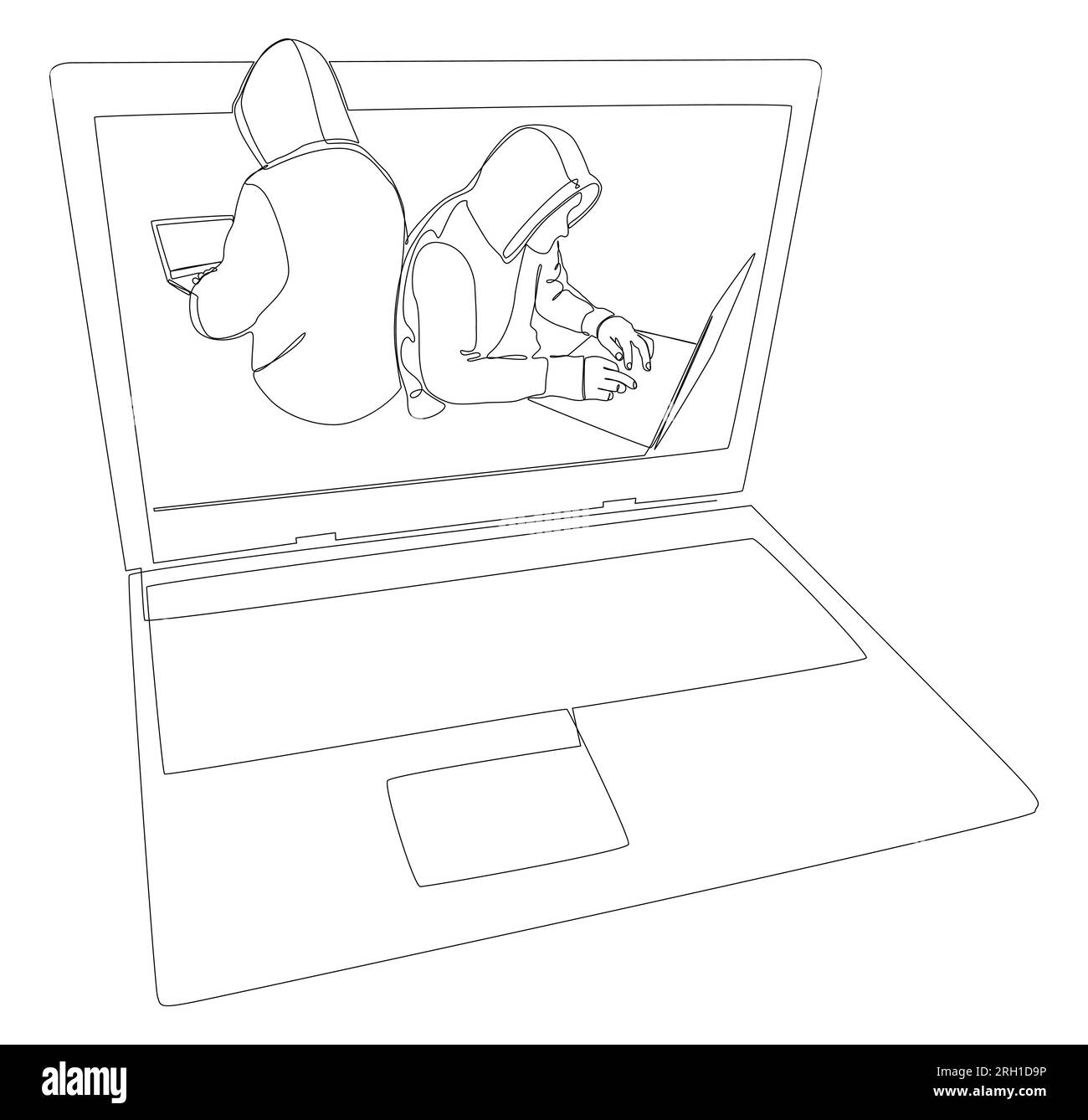 One continuous line of Laptop with Hacker. Thin Line Illustration ...