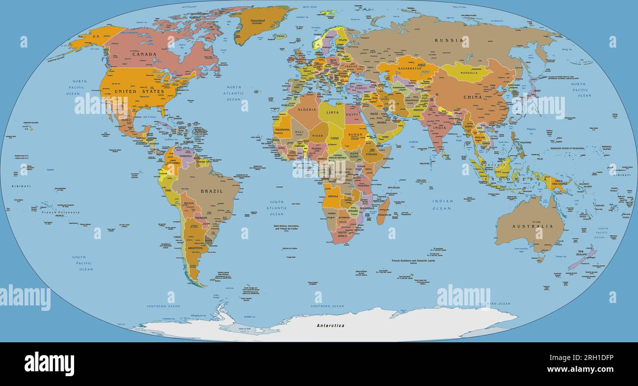 High details political world map natural earth 2 projection Stock ...