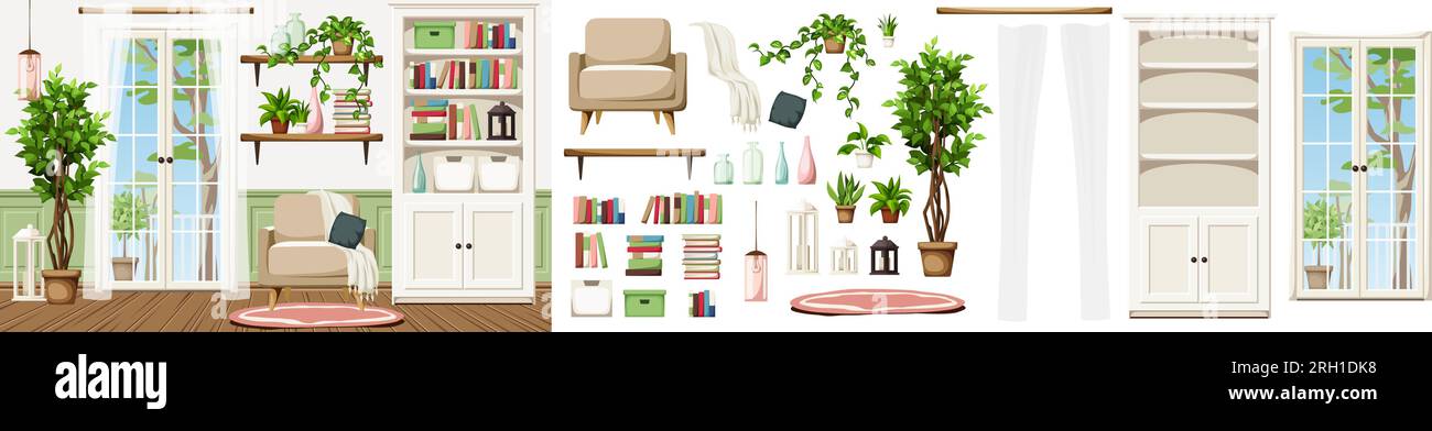 Beautiful room interior design with French doors, a white bookcase, an ...