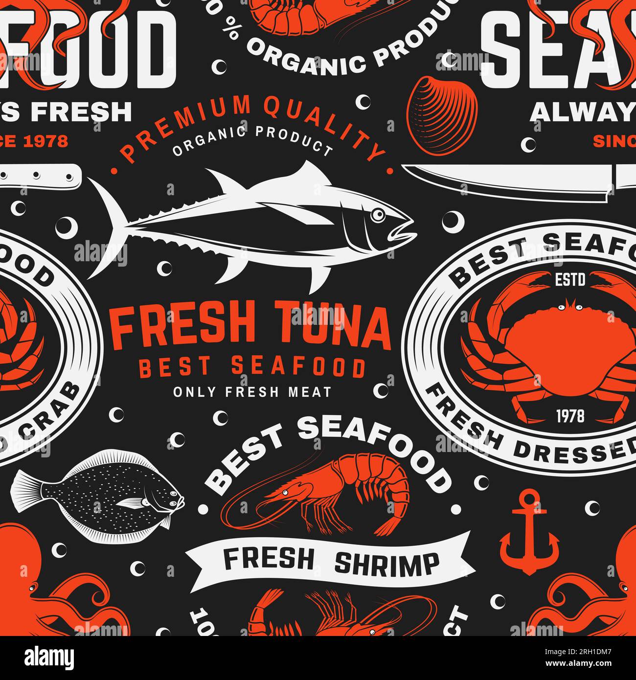 Set of seafood seamless pattern. Fresh tuna, octopus, trout, shrimp ...
