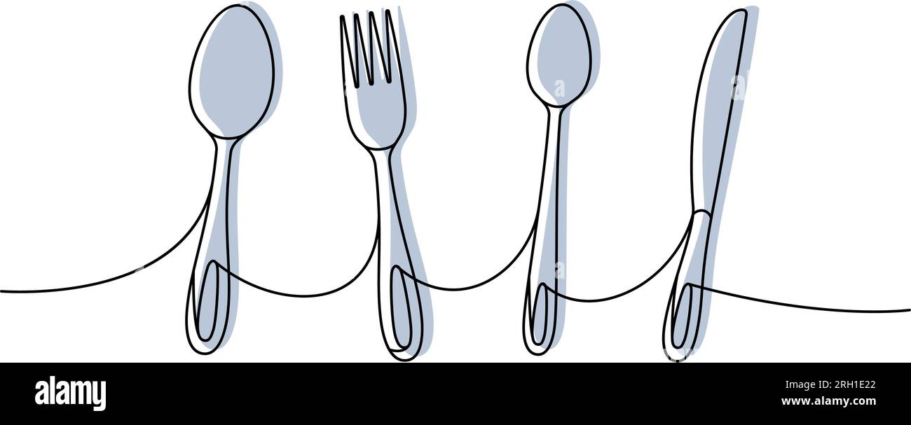 Kitchen utensils one line colored continuous drawing. Kitchen spoon ...