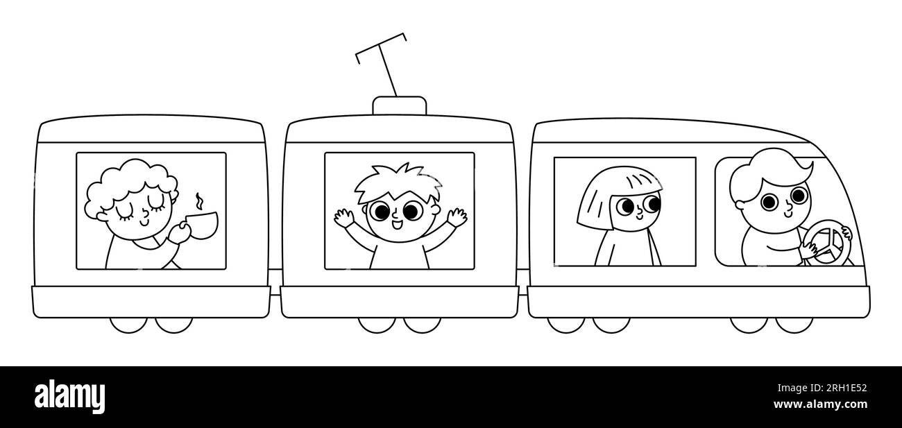 Vector black and white train with driver and passengers. Funny electric ...