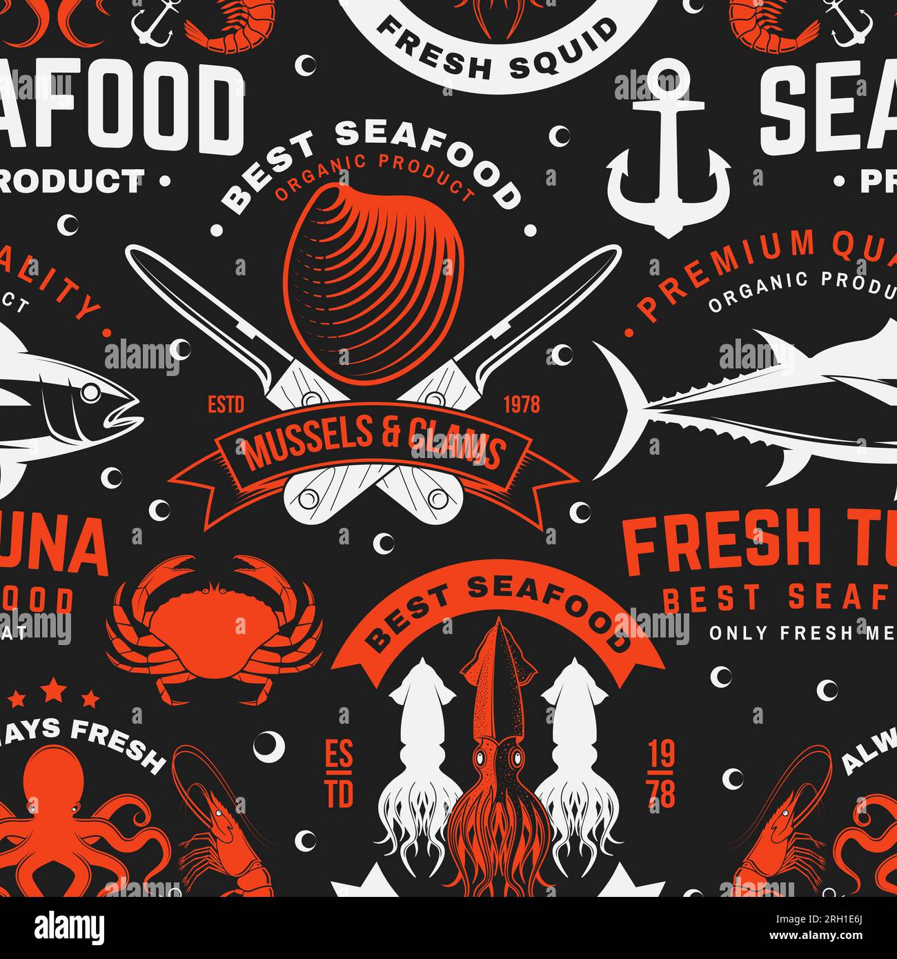 Set of seafood seamless pattern. Fresh tuna, octopus, trout, shrimp ...