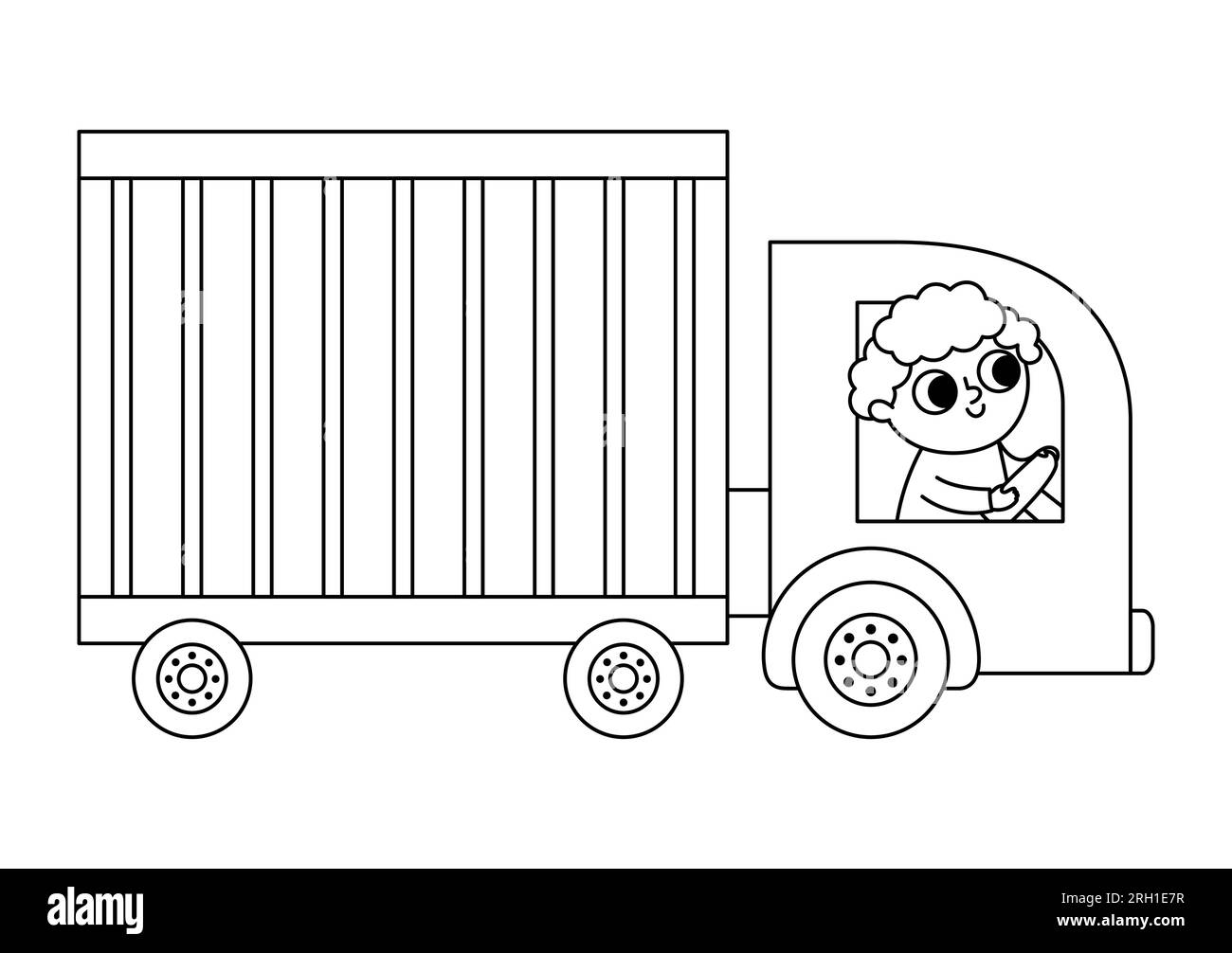 Vector black and white truck car with driver. Funny line automobile for ...