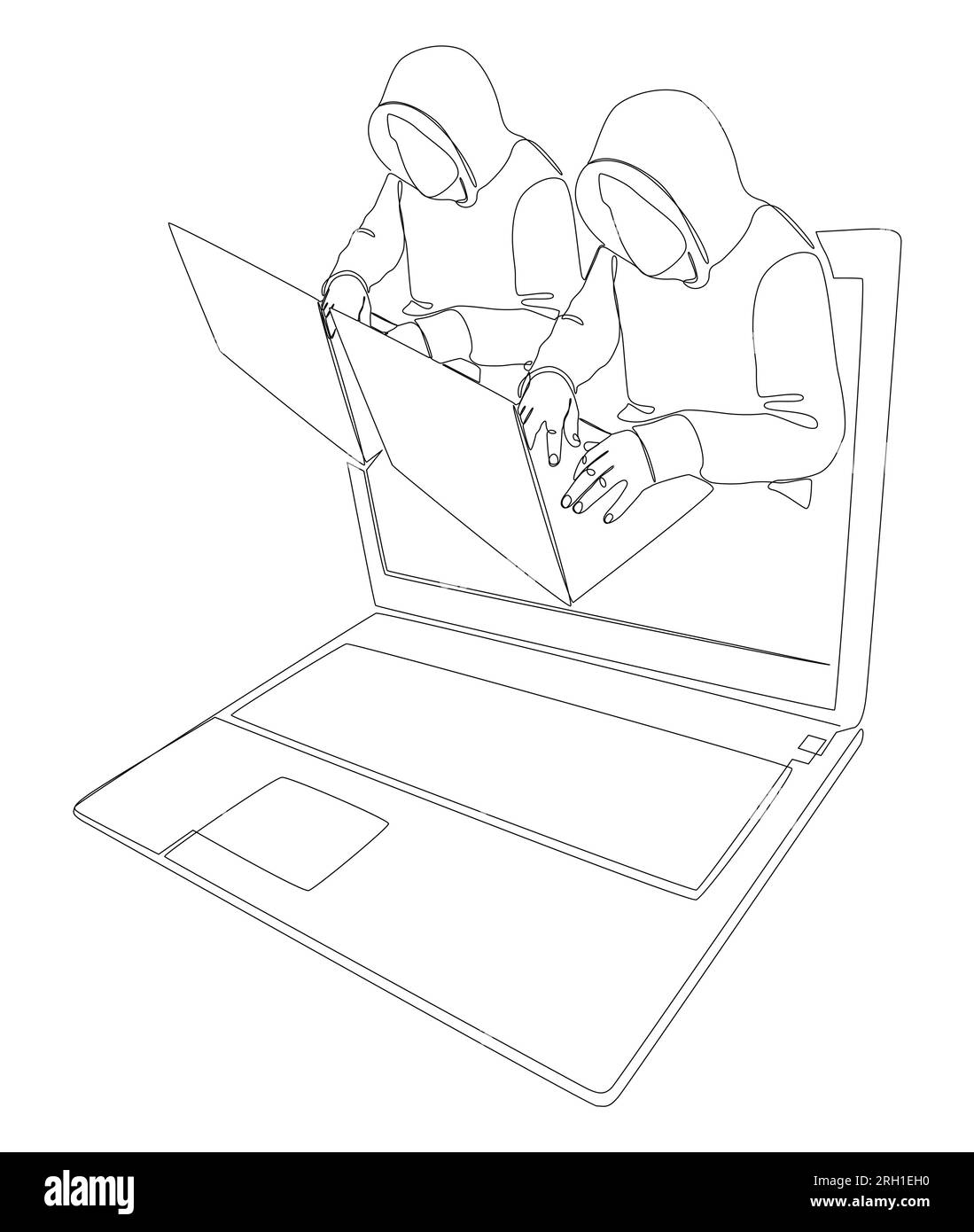 One Continuous Line Of Laptop With Hacker Thin Line Illustration Vector Concept Contour