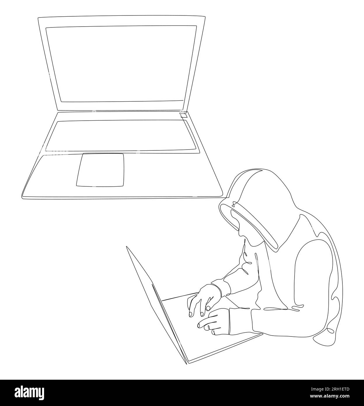 One Continuous Line Of Laptop With Hacker Thin Line Illustration Vector Concept Contour