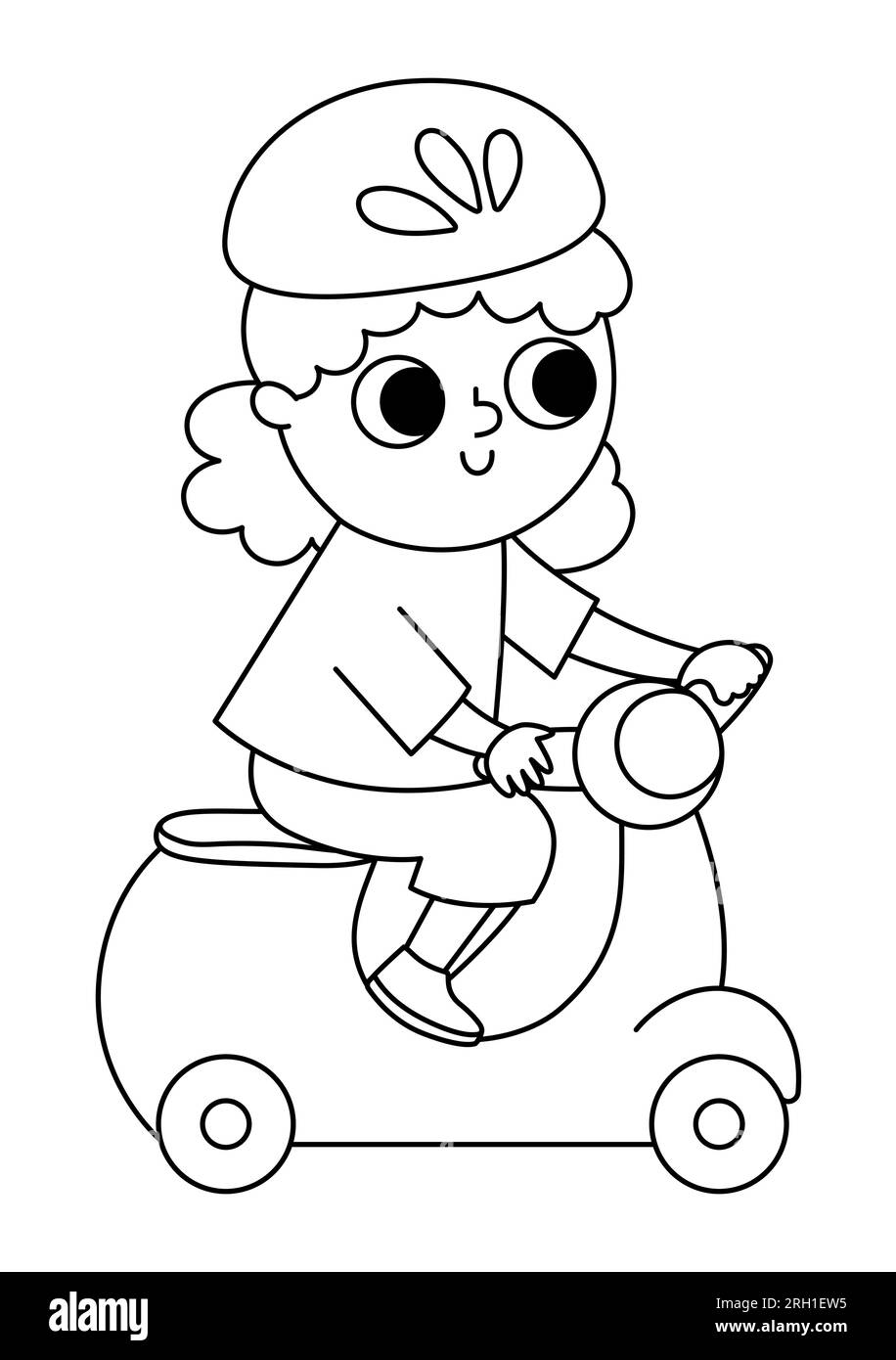 Vector black and white scooter with girl driver line icon. Flat kid ...