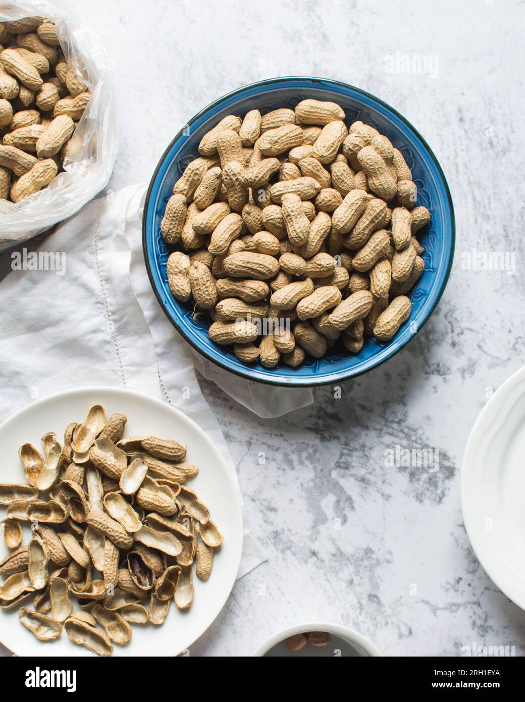 Top view of shelled groundnut in a blue plate, flatlay of shelled ...