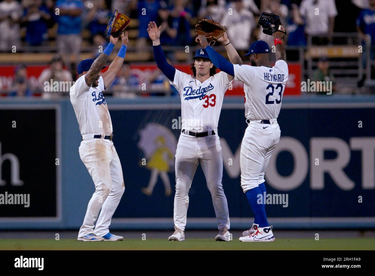 Los Angeles Dodgers outfielders David Peralta, James Outman and Jason ...