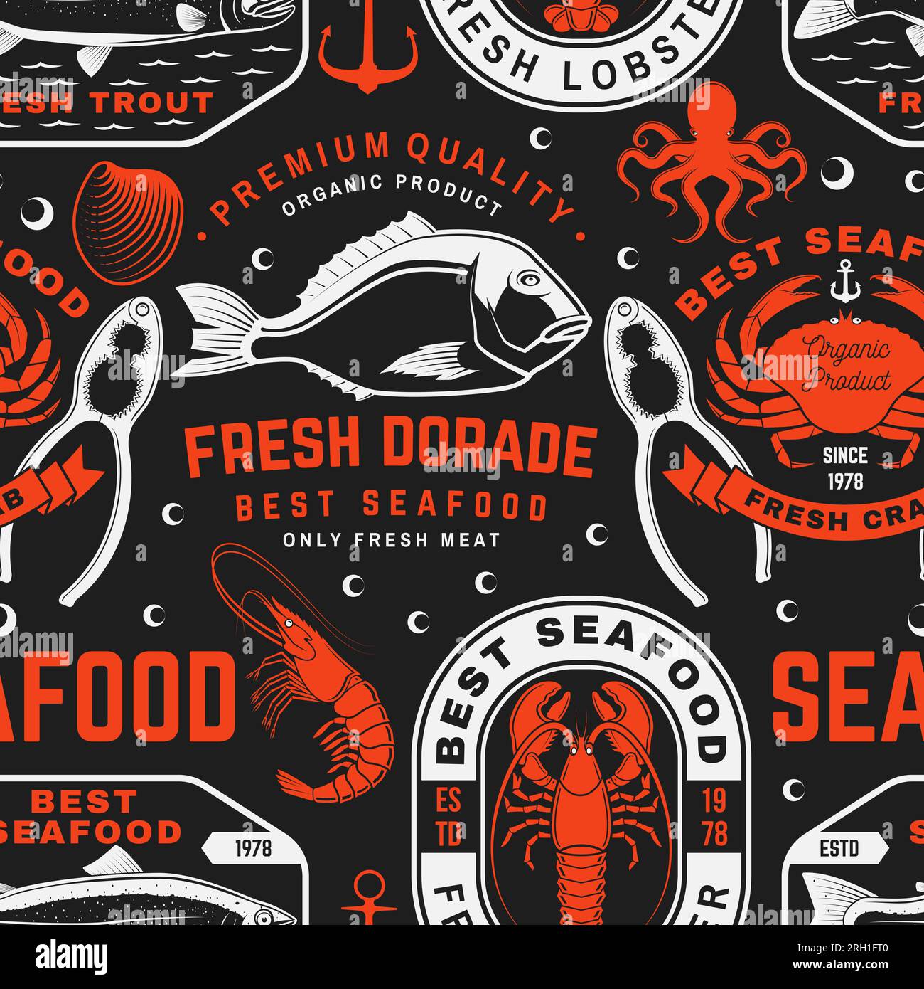 Set of seafood seamless pattern. Fresh tuna, octopus, trout, shrimp ...