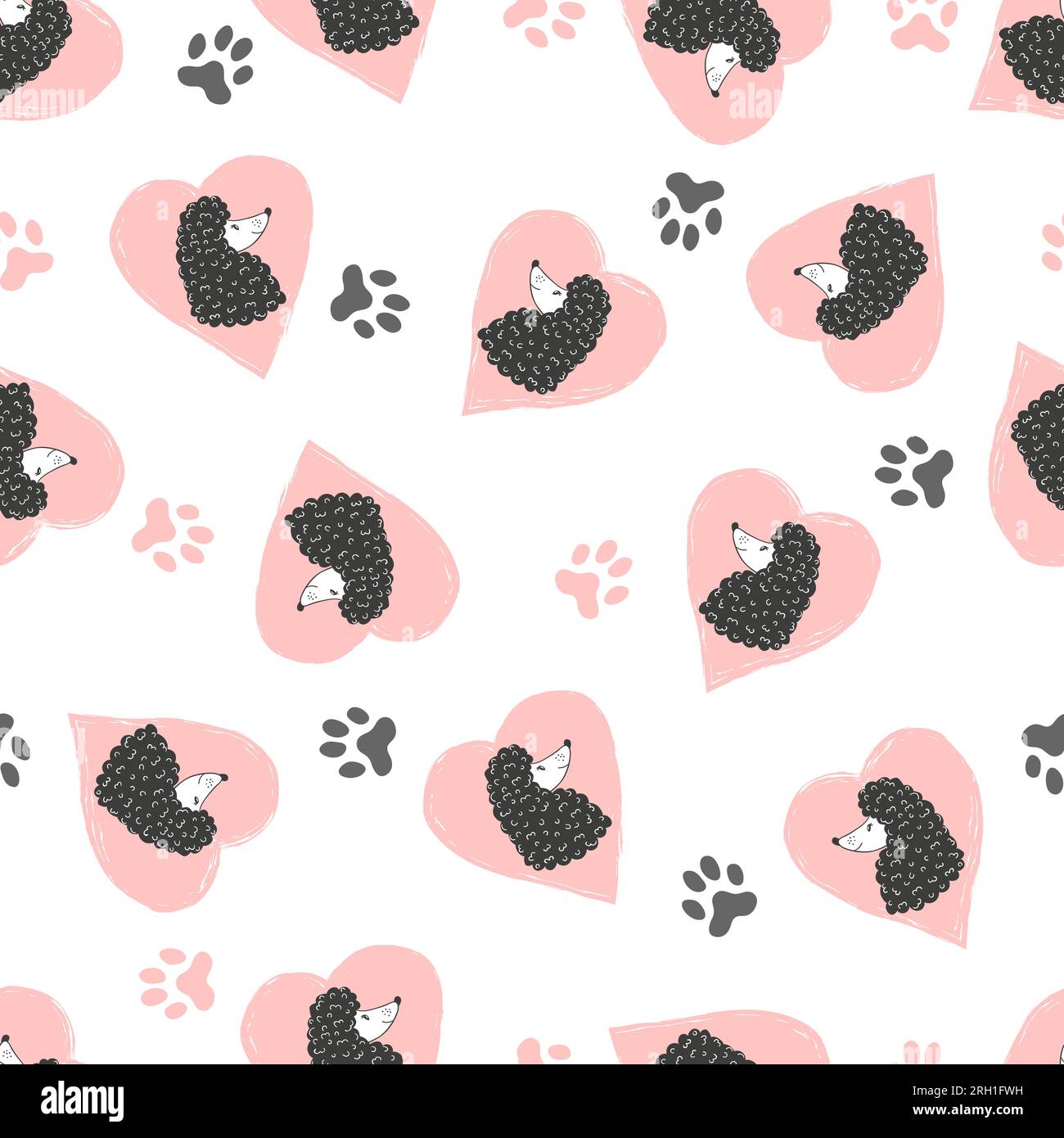 Seamless pattern with cute poodles and pink hearts. Vector background ...