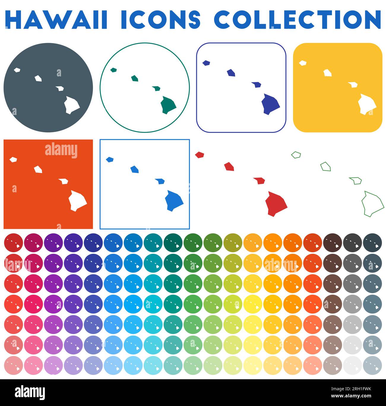 Hawaii icons collection. Bright colorful trendy map icons. Modern ...