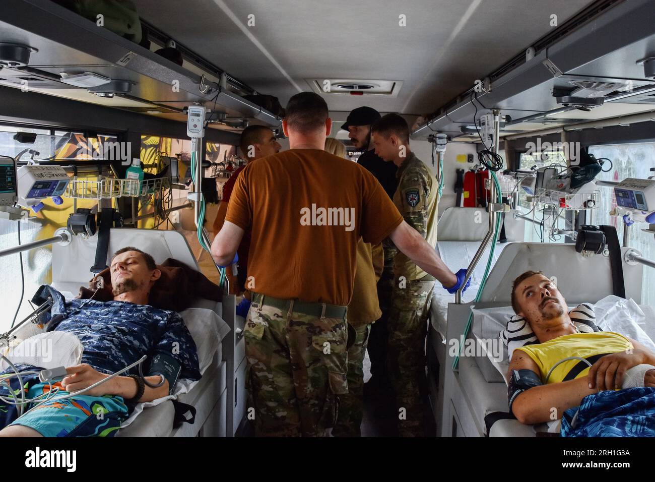 Wounded Ukrainian soldiers are evacuated in a special medical bus ...