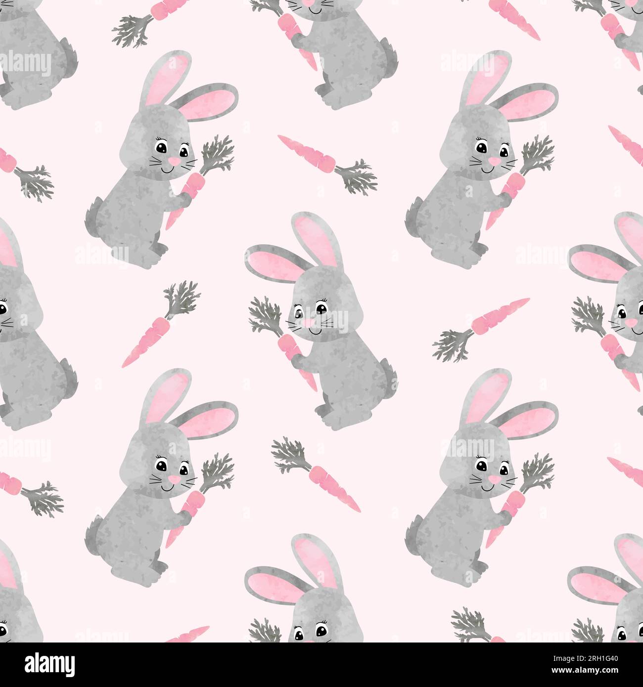 Seamless watercolor cute bunny with carrot pattern. Vector rabbit ...