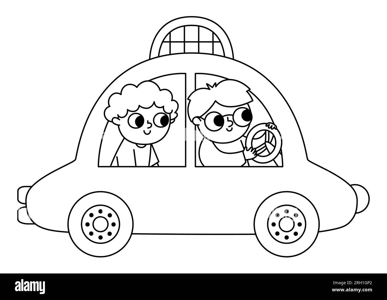 Vector black and white taxi car with driver and passenger. Funny cab ...