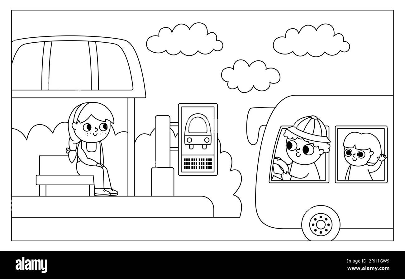 Vector black and white horizontal scene with girl sitting on a stop and ...
