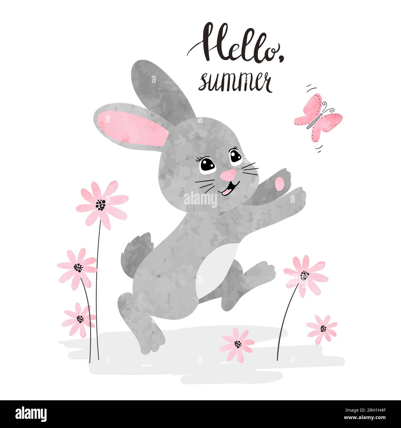 Cute watercolor bunny and butterfly. Vector summer illustration. Baby ...