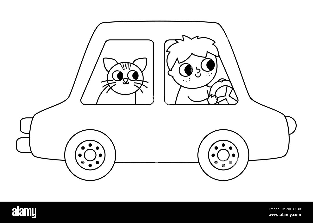 Vector black and white car with driver and cat. Funny automobile for ...