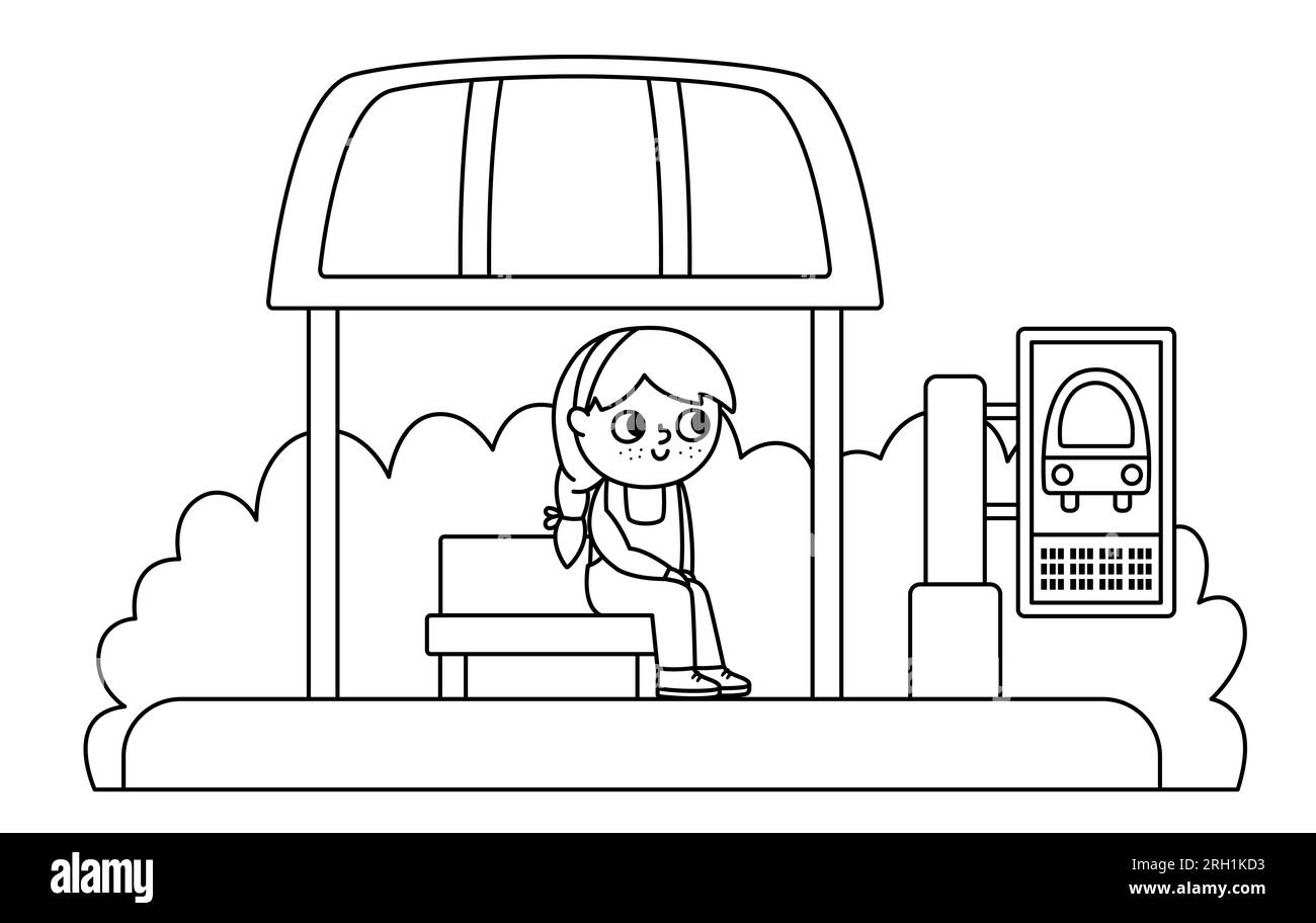 Vector black and white bus stop icon with waiting girl. Cartoon public ...
