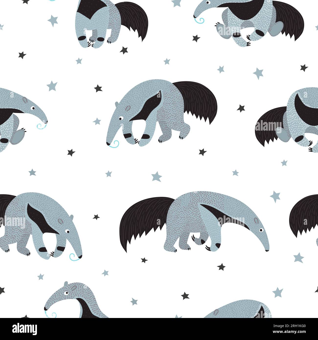 Seamless pattern with cute cartoon blue ant-eater and stars. Baby print ...