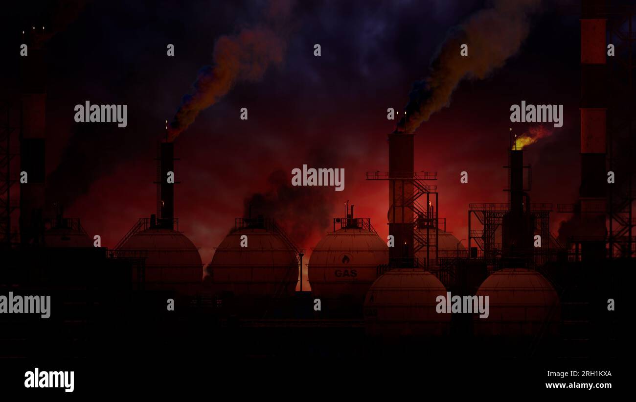 flammable natural gas or LNG storage tanks on refinery plant or ...