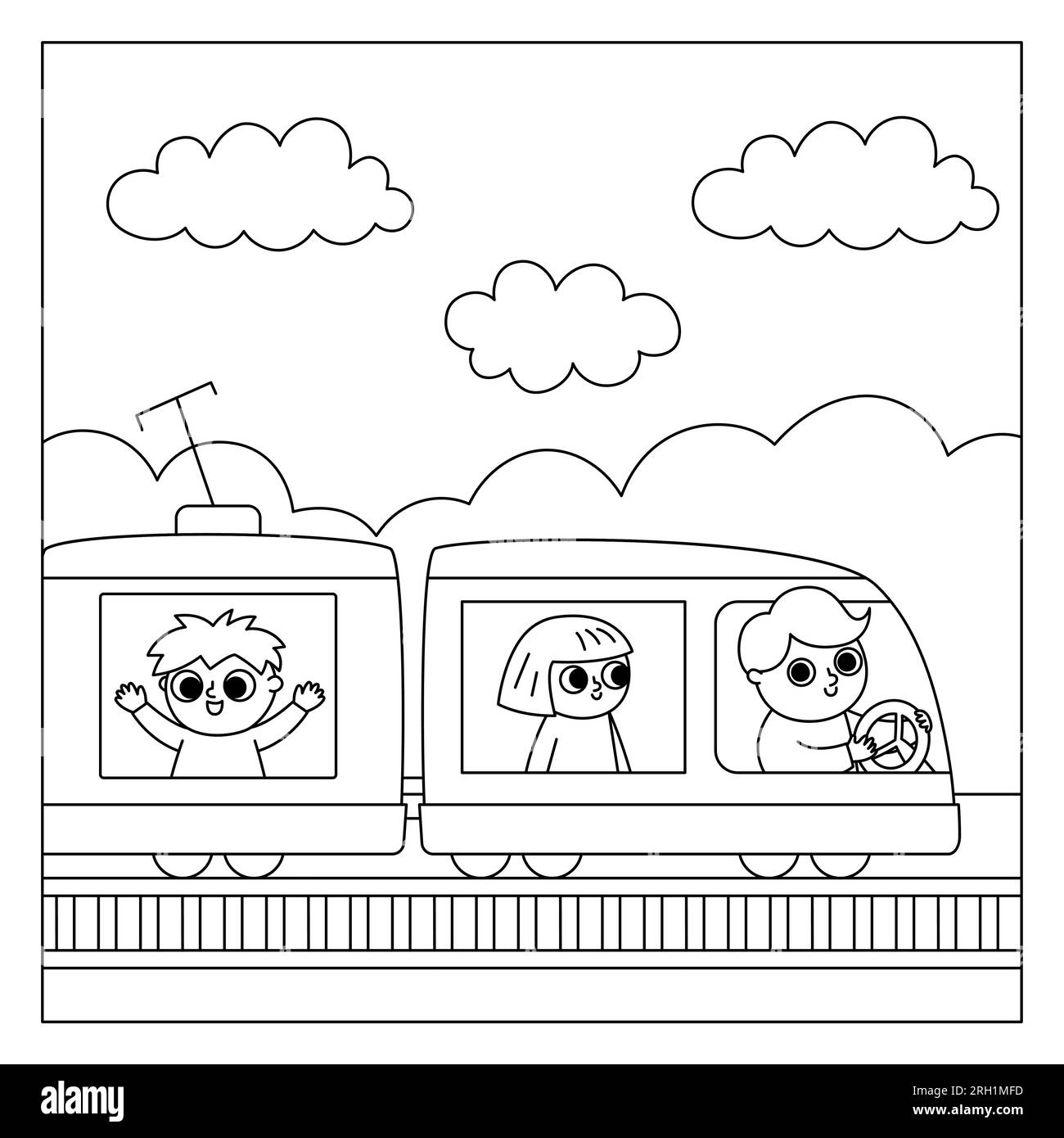 Vector black and white square scene with man driving train and ...