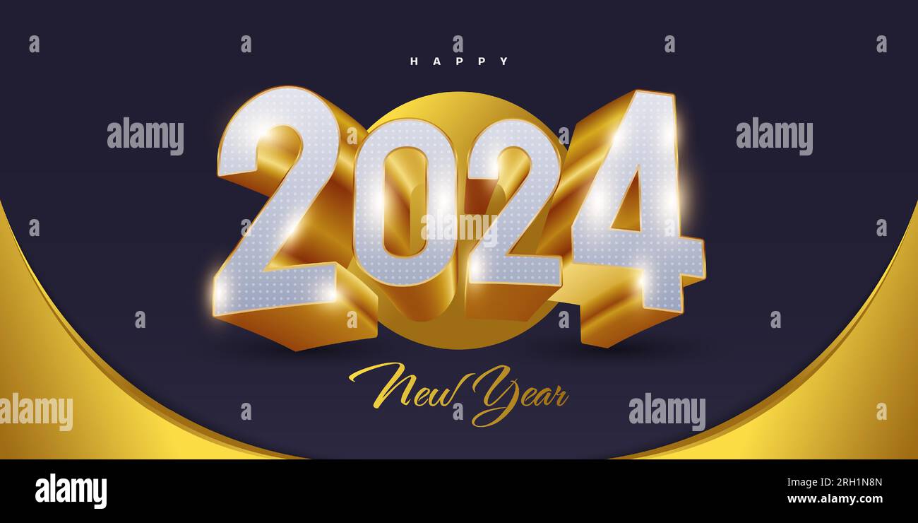 Elegant and Luxury 2024 New Year Banner or Poster Design with White and Gold 3D Numbers. Happy ...