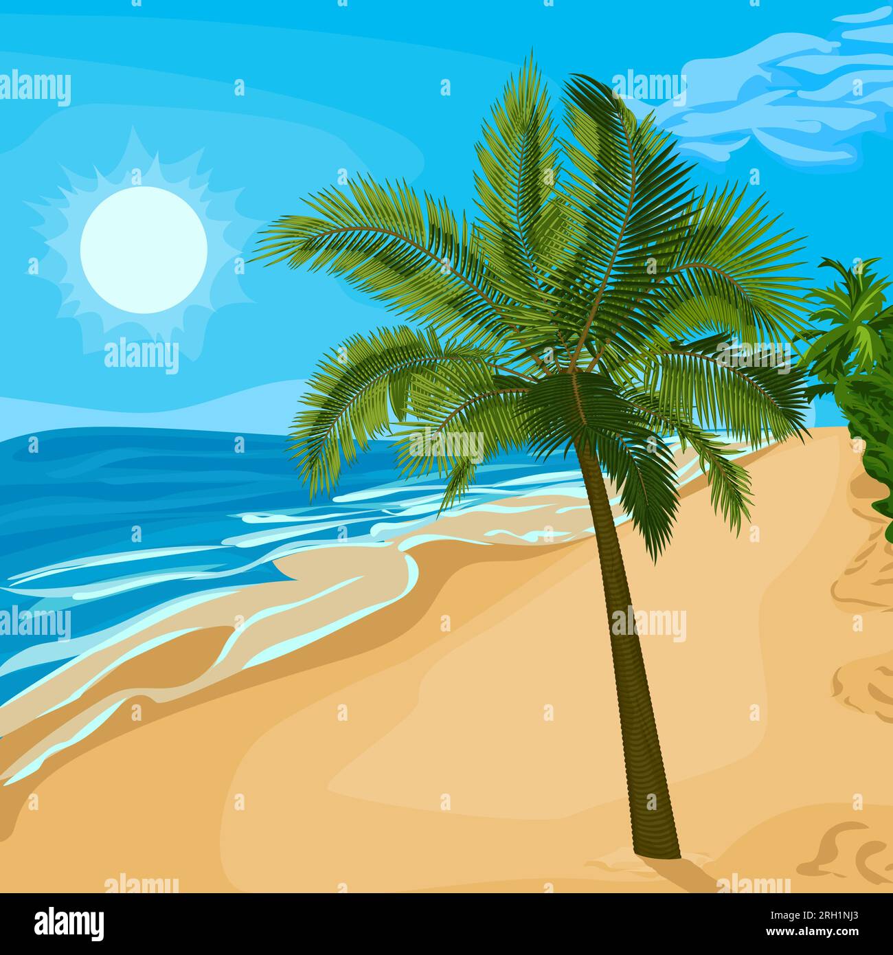 Palm tree on sandy beach. Vector illustration of palm tree on sea beach ...
