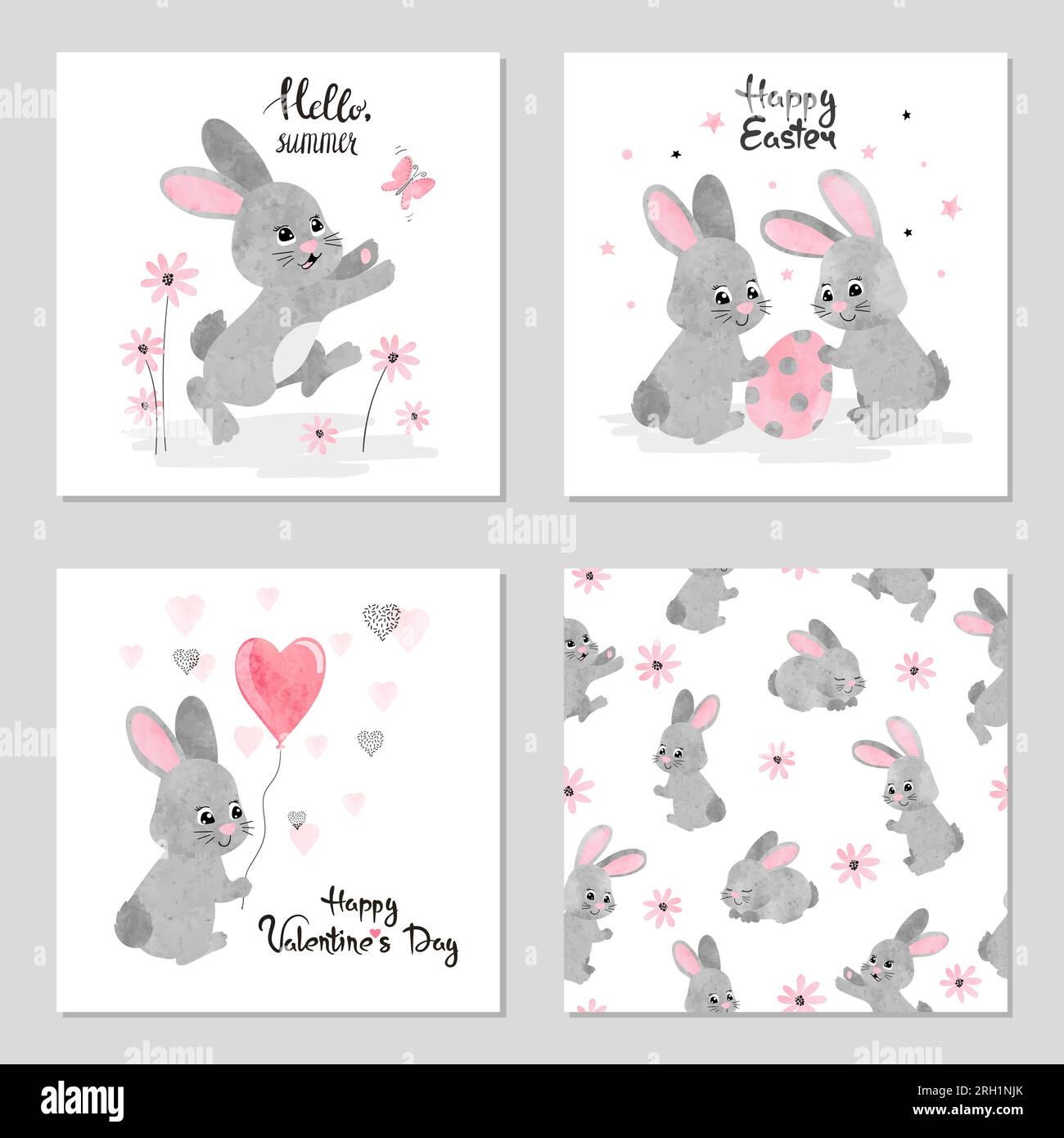 Cute Bunny vector illustrations. Set of greeting cards, posters, prints ...