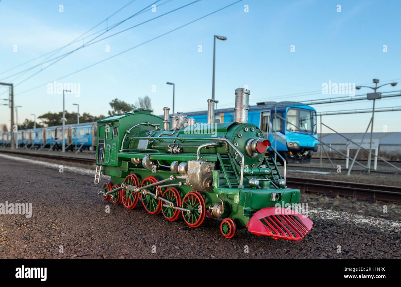 Green steam locomotive with red wheels at Palmserton North railway ...