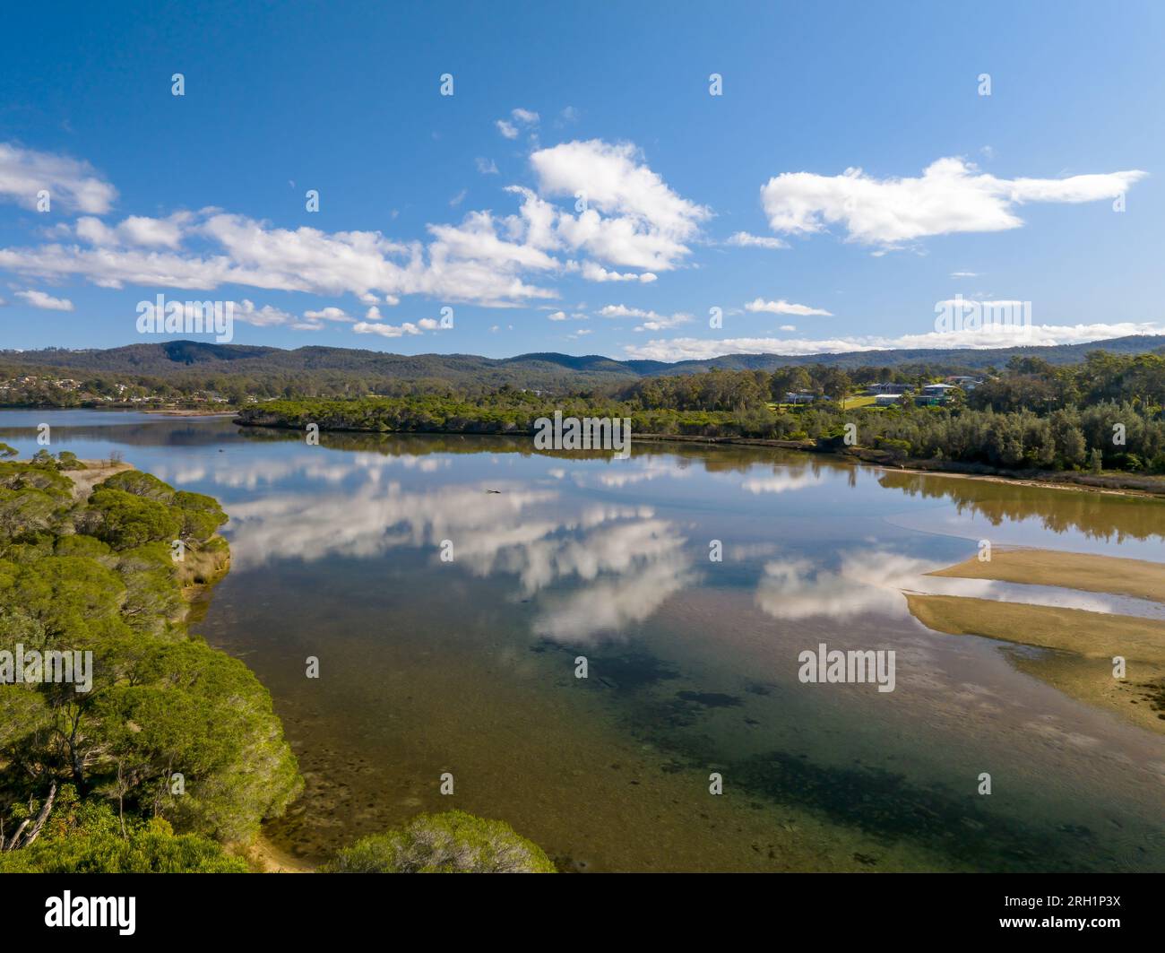 Aerial views over Aislings Beach and Curalo Lagoon in Eden on the South ...