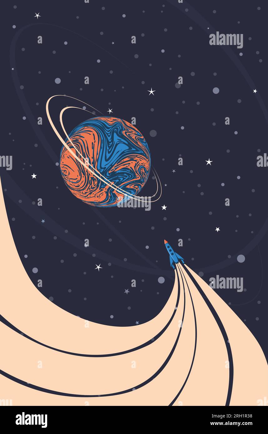 Abstract shuttle flying in the space, retro futuristic illustration ...