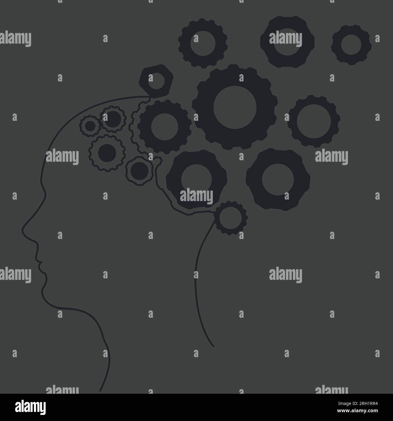 Human head with gears line art, concept of thinking process and brain ...
