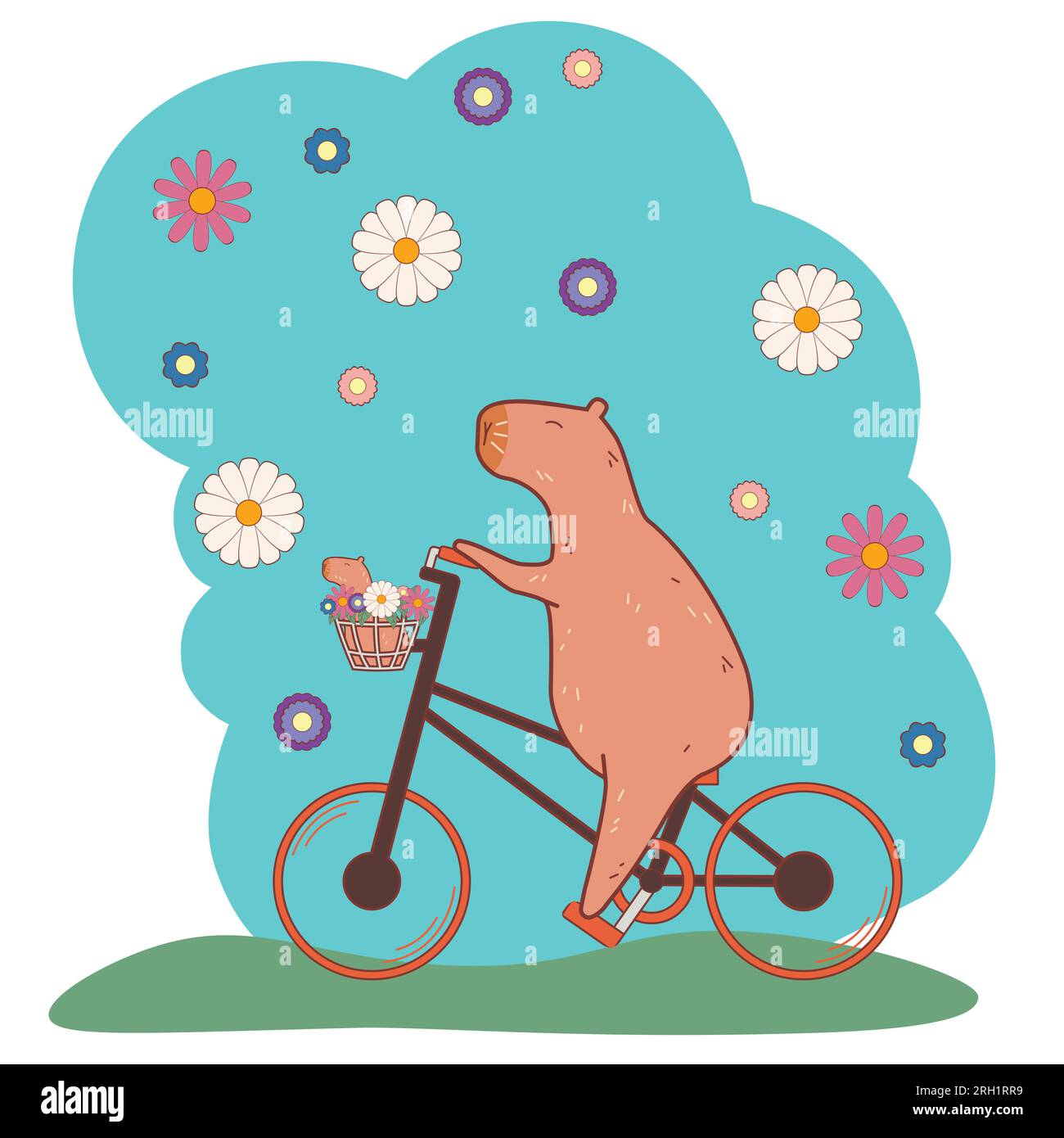 Cute capybara riding bicycle with flowers and baby in a basket ...