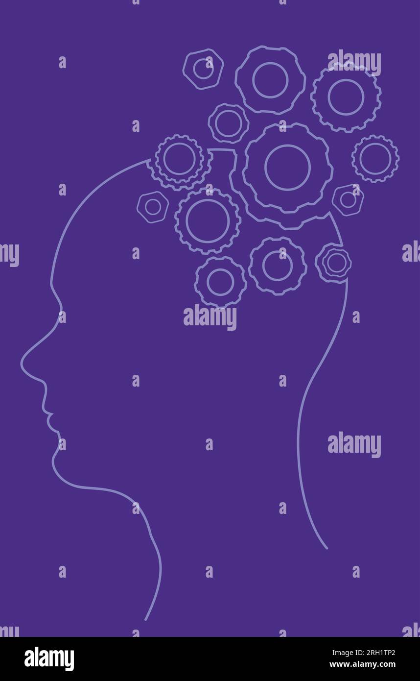 Human head with gears line art, concept of thinking process and brain ...