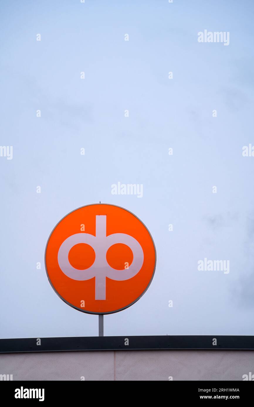 OP Financial Group logo against the overcast sky. Vääksy, Finland. July ...