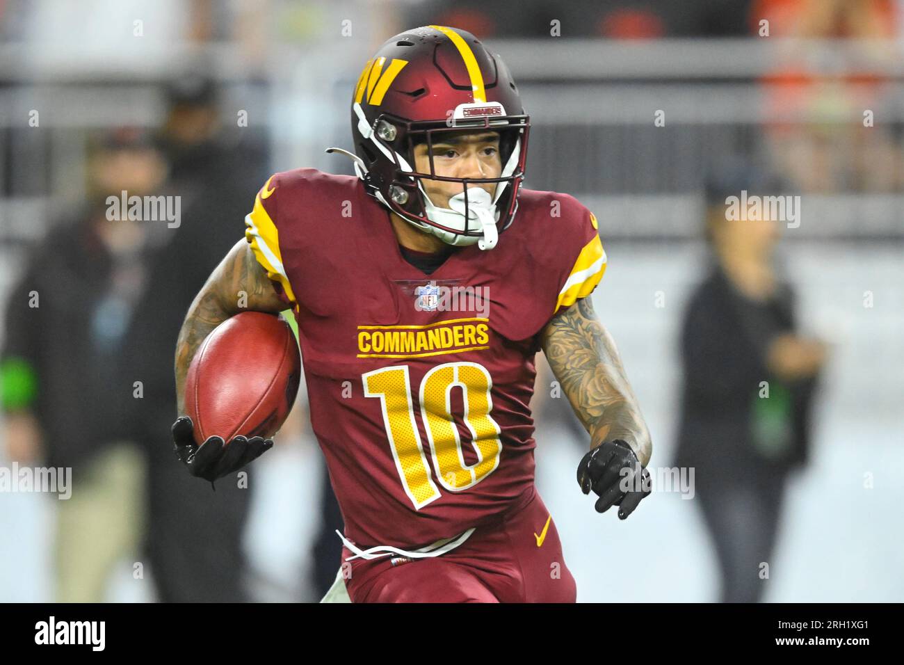 Washington Commanders wide receiver Kazmeir Allen (10) runs with the ...