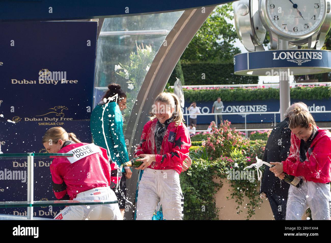 Ascot, Berkshire, UK. 12th August, 2023. Celebrating with spraying each ...