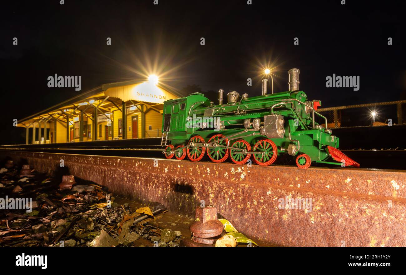 Shannon, New Zealand, 30.08.2023.Green steam locomotive with red wheels ...
