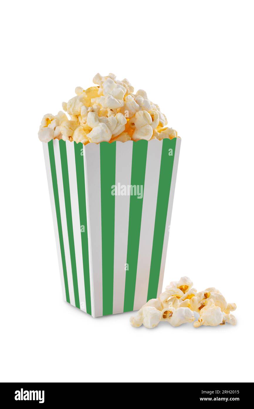 Green white striped carton bucket with tasty cheese popcorn, isolated ...