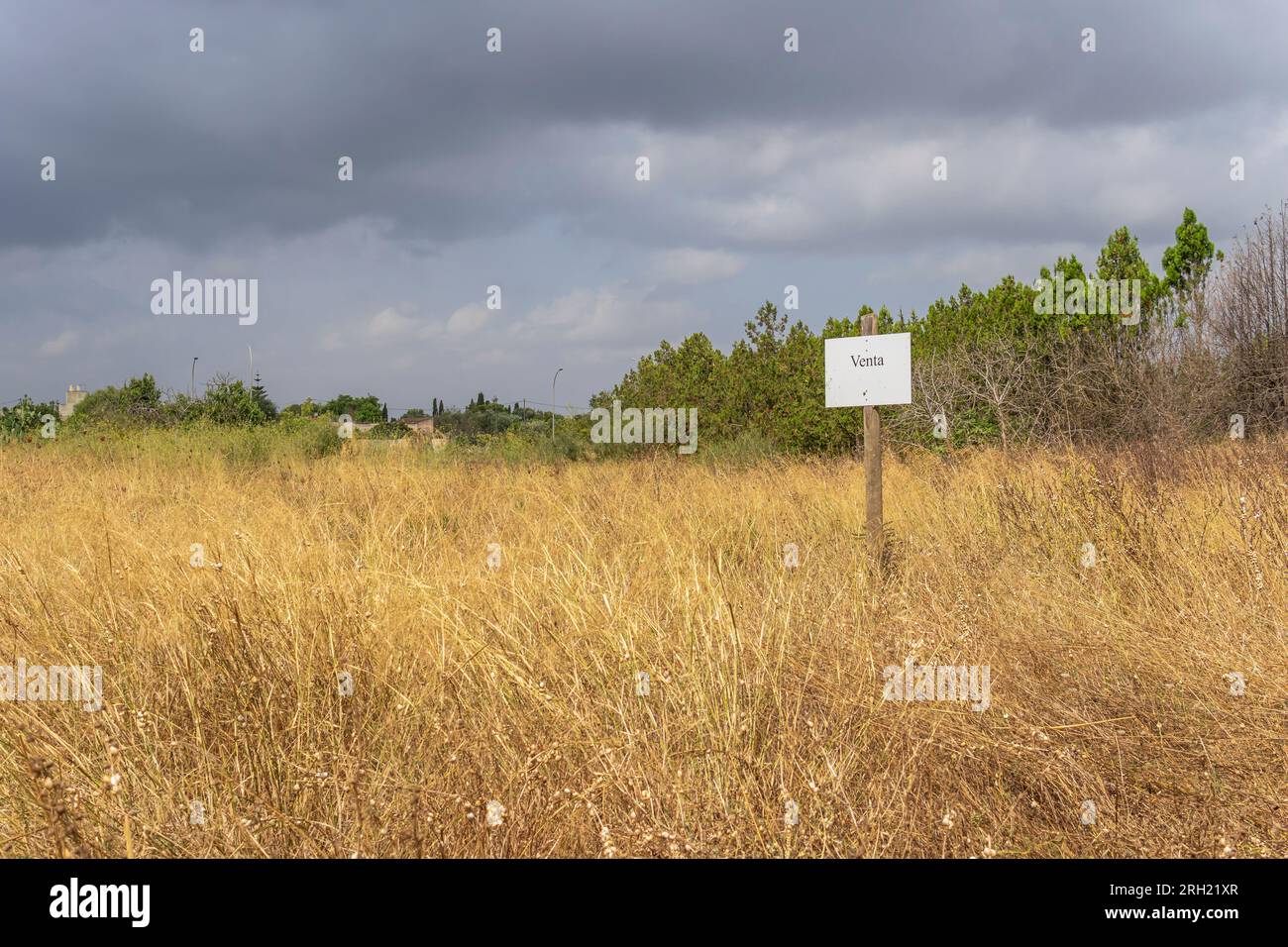 Abandoned and dry land with a "for sale" sign written in Spanish ...