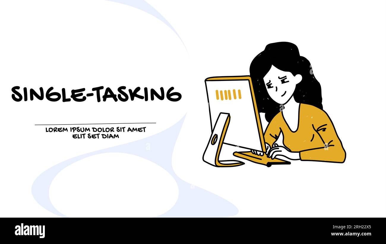 Vector of a young business woman working on laptop computer staying focused on one task at a ...