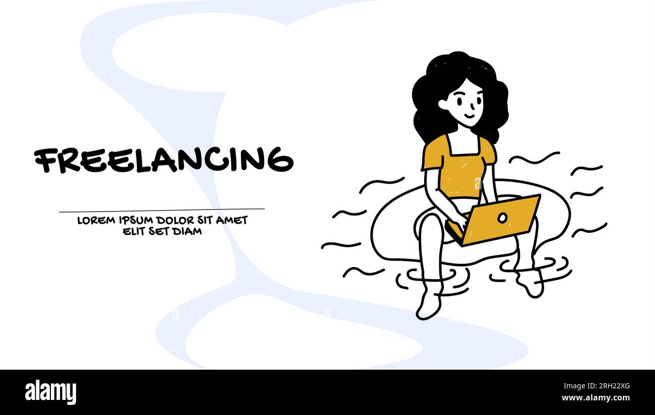 Vector of a young happy woman working on a laptop computer freelancing ...
