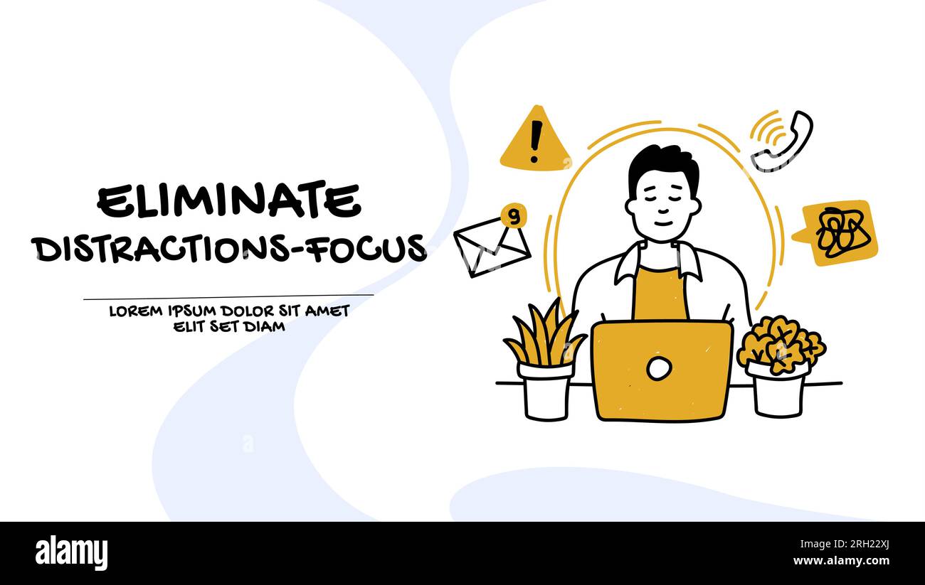 vector of a man staying focused while working in a office on his laptop ...